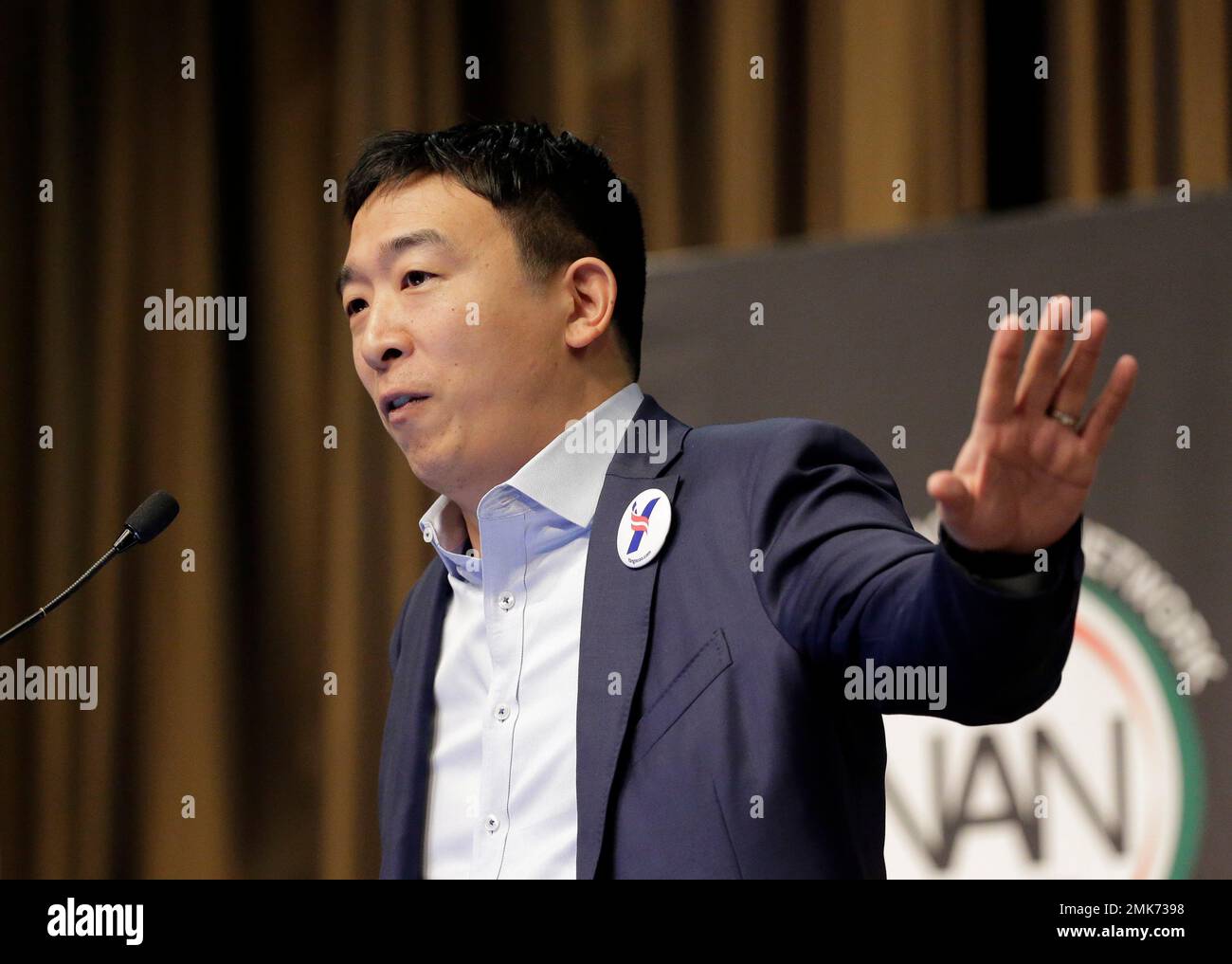 Presidential candidate and entrepreneur Andrew Yang speaks during the ...