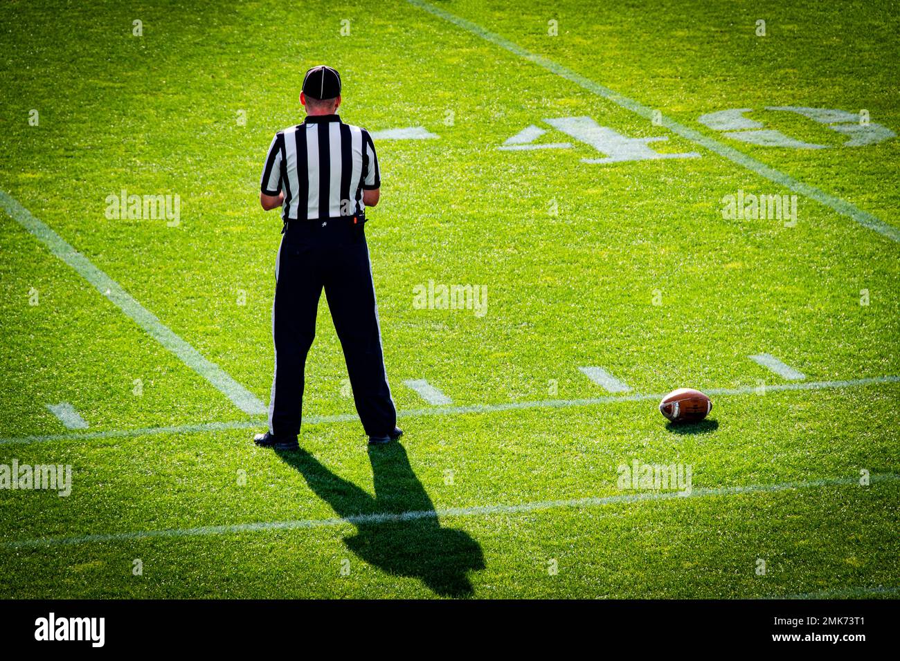 American football referee stands on the football field with a ball ...