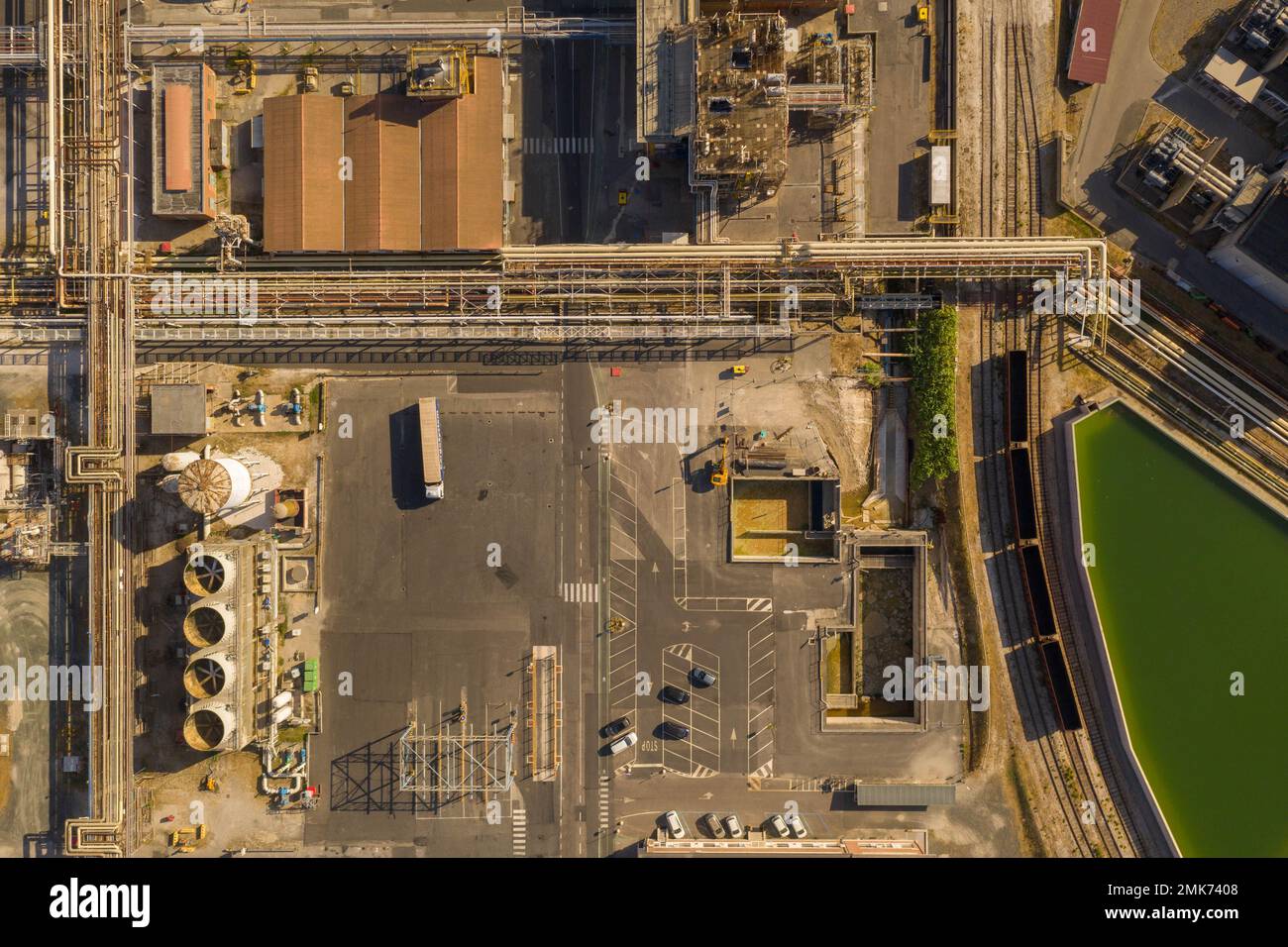Drone photography of big chemical factory, pipes and railway during ...