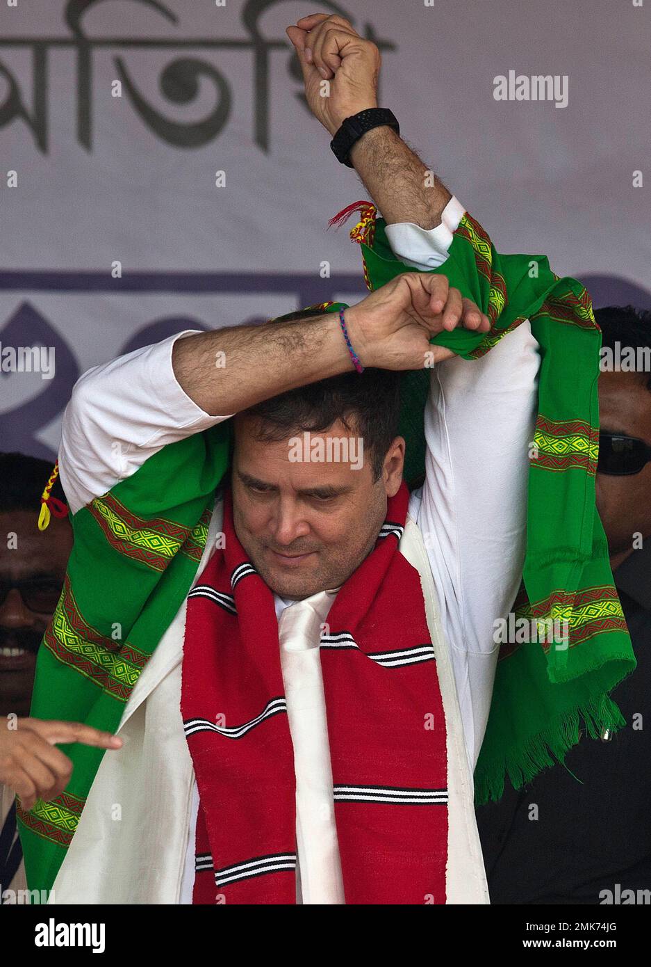Congress party president Rahul Gandhi wears traditional Mishing attire ...