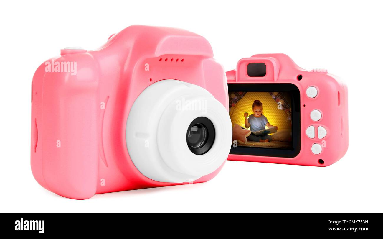 Pink toy cameras on white background in collage, one with photo of cute ...