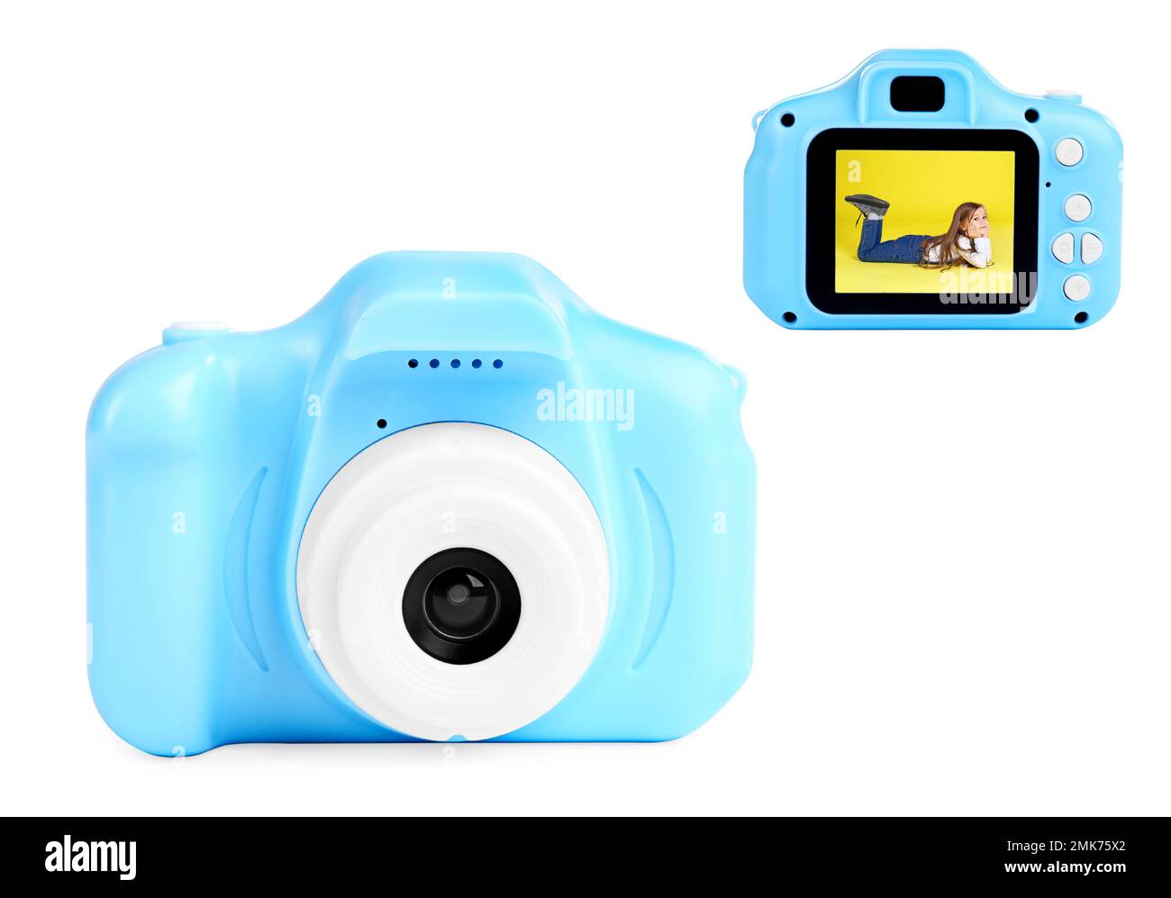 Blue toy cameras on white background in collage, one with photo of cute ...