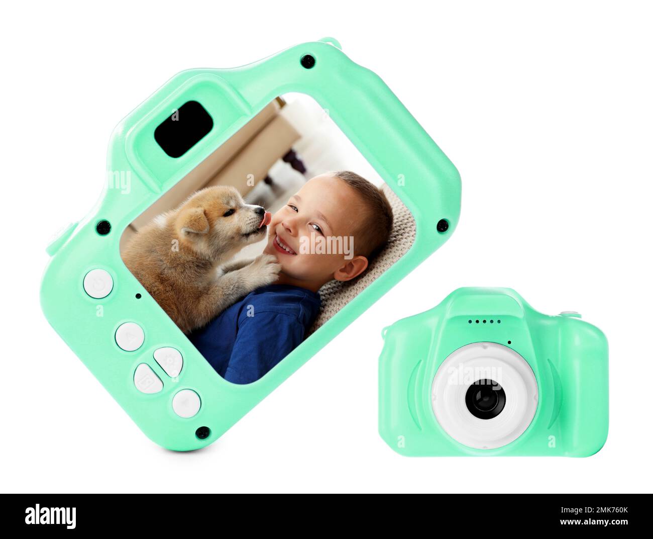 Green toy cameras on white background in collage, one with photo of boy ...
