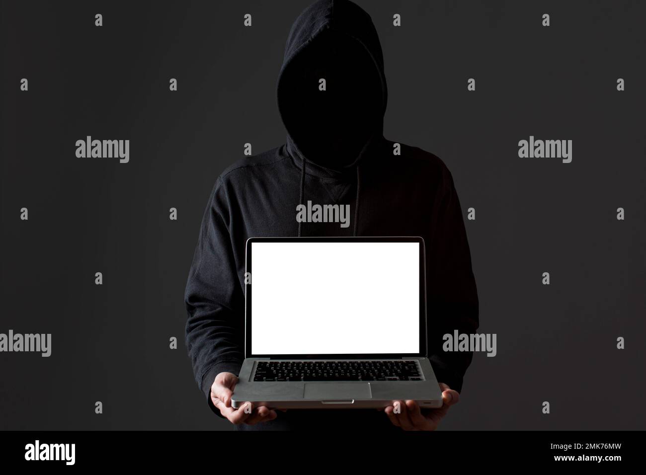 Front View Male Hacker Holding Laptop High Resolution Photo Stock