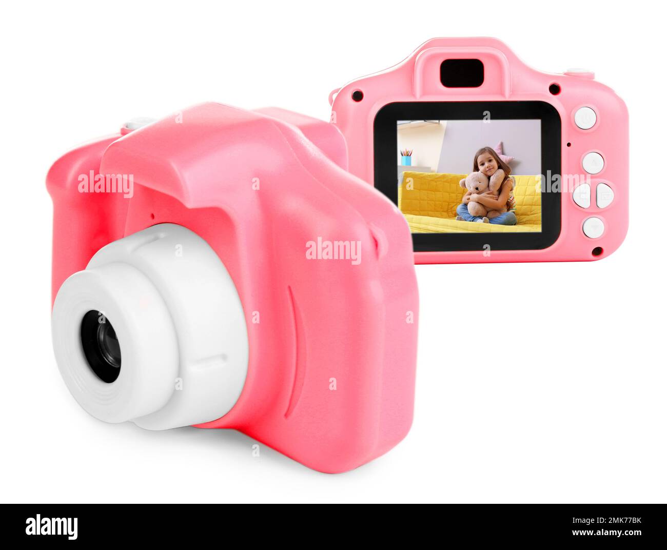 Pink toy cameras on white background in collage, one with photo of cute ...
