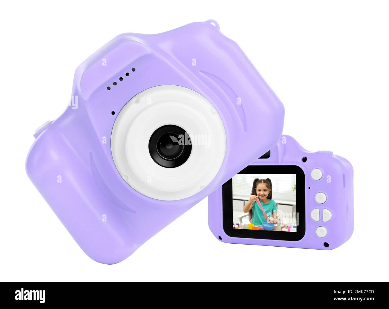 Violet toy cameras on white background in collage, one with photo of ...