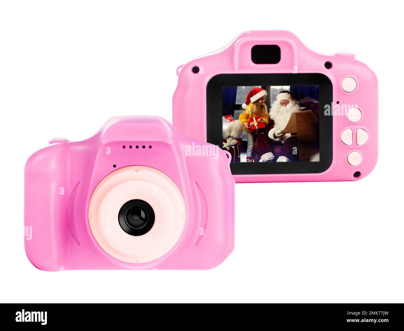 Pink toy cameras on white background in collage, one with photo of ...