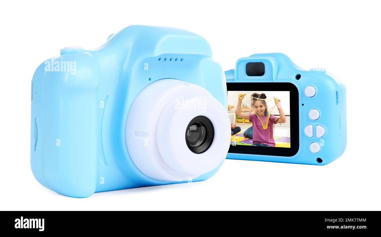 Blue toy cameras on white background in collage, one with photo of cute ...
