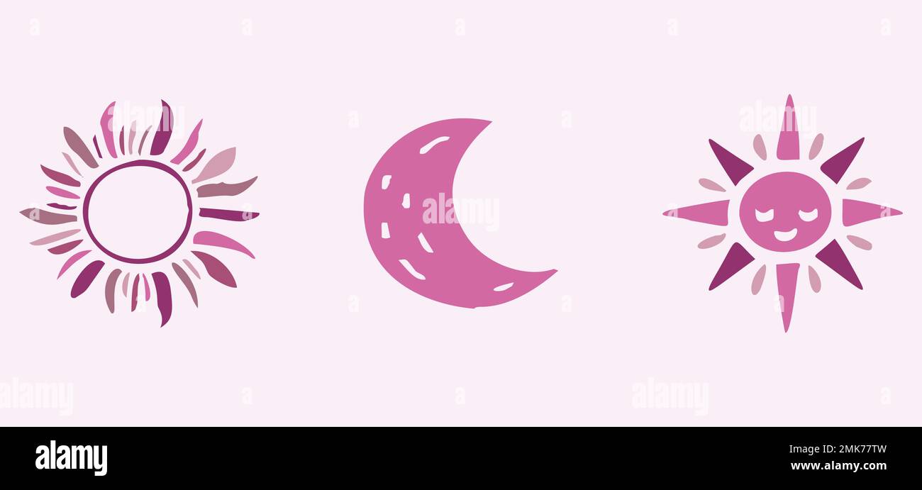 Cute whimsical sun and moon set of vector motifs. Illustration of night ...