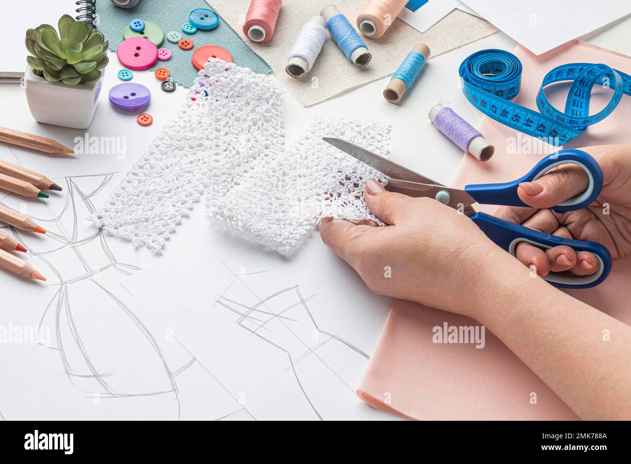 high angle sewing set fabric thread. High resolution photo Stock Photo ...