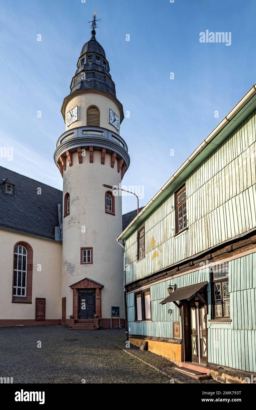 Protestant church with round bell tower with neo-baroque roof, listed ...