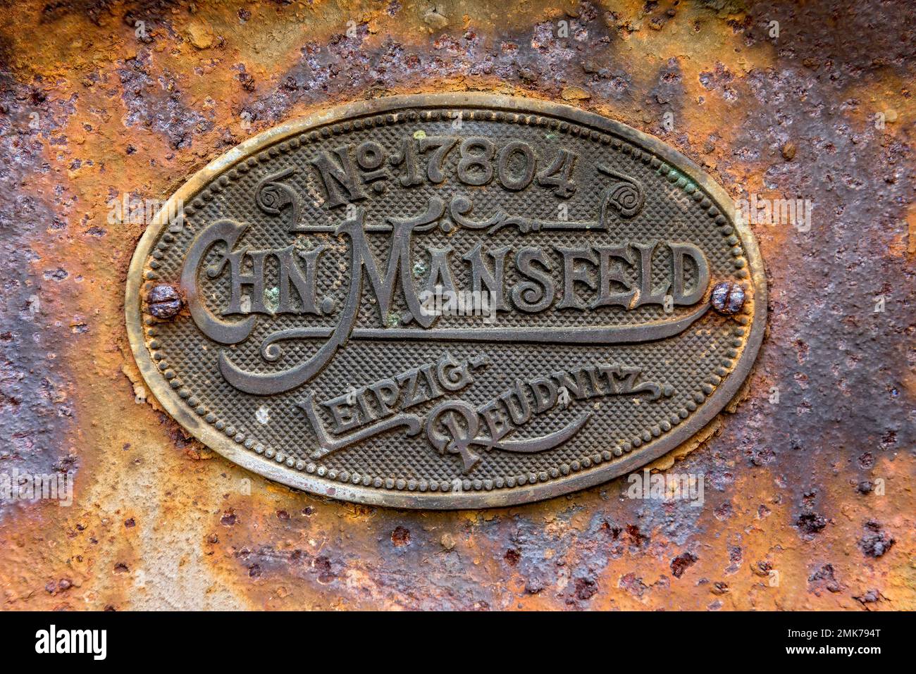 Type plate, rusted, with serial number of Chn. Mansfeld Maschinenfabrik ...