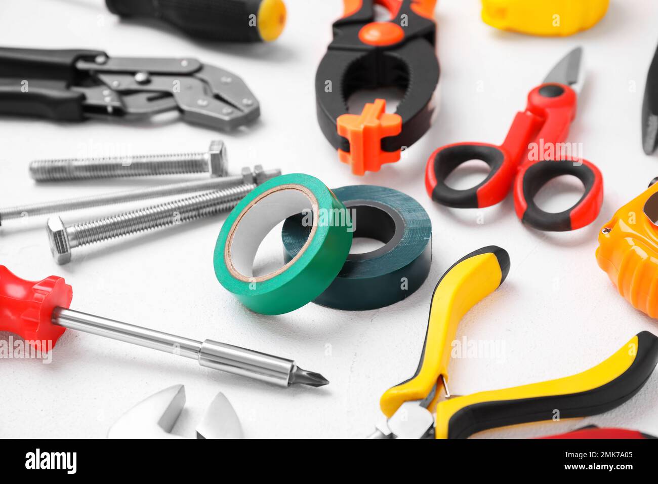 Different construction tools on white background, closeup Stock Photo ...