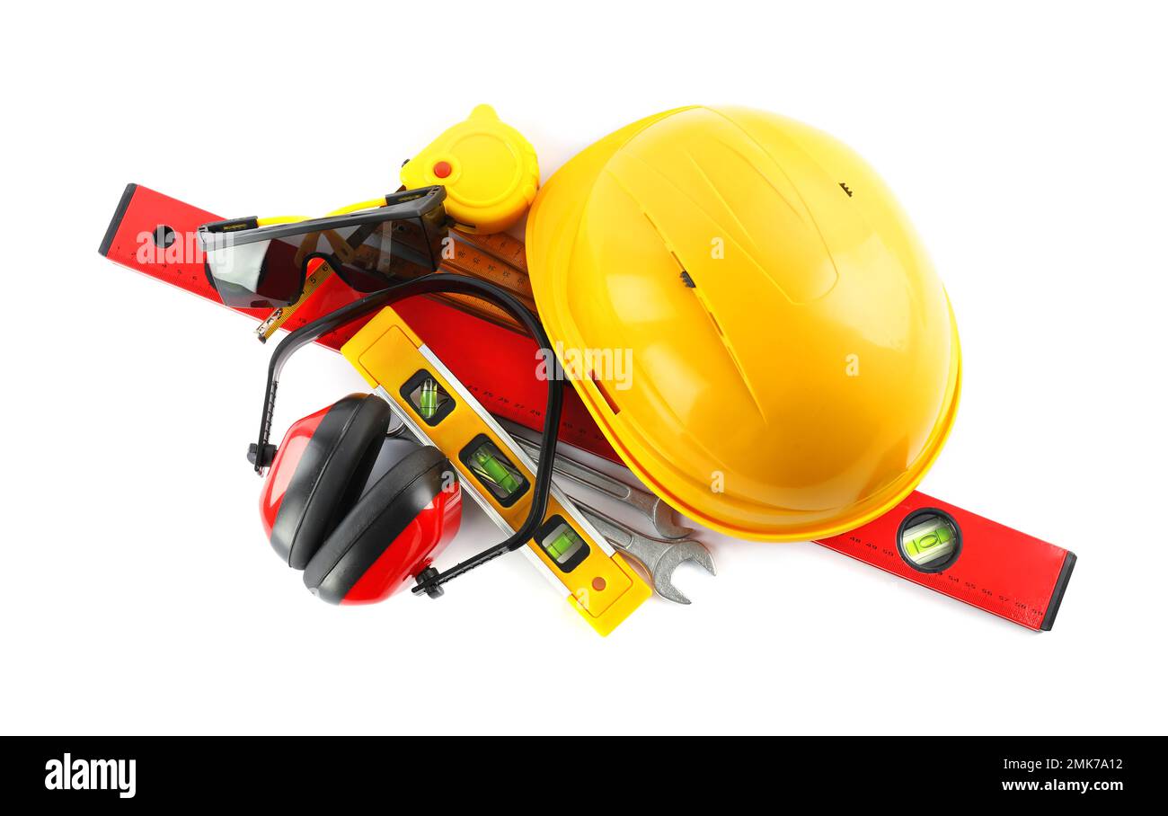 Different construction tools isolated on white, top view Stock Photo ...