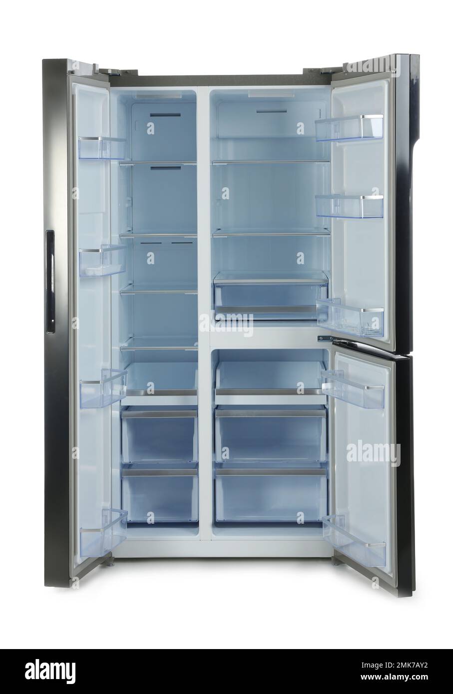 Modern stainless steel refrigerator isolated on white Stock Photo - Alamy