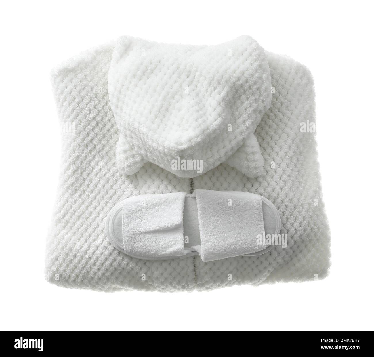 Clean folded bathrobe and slippers isolated on white, top view Stock ...