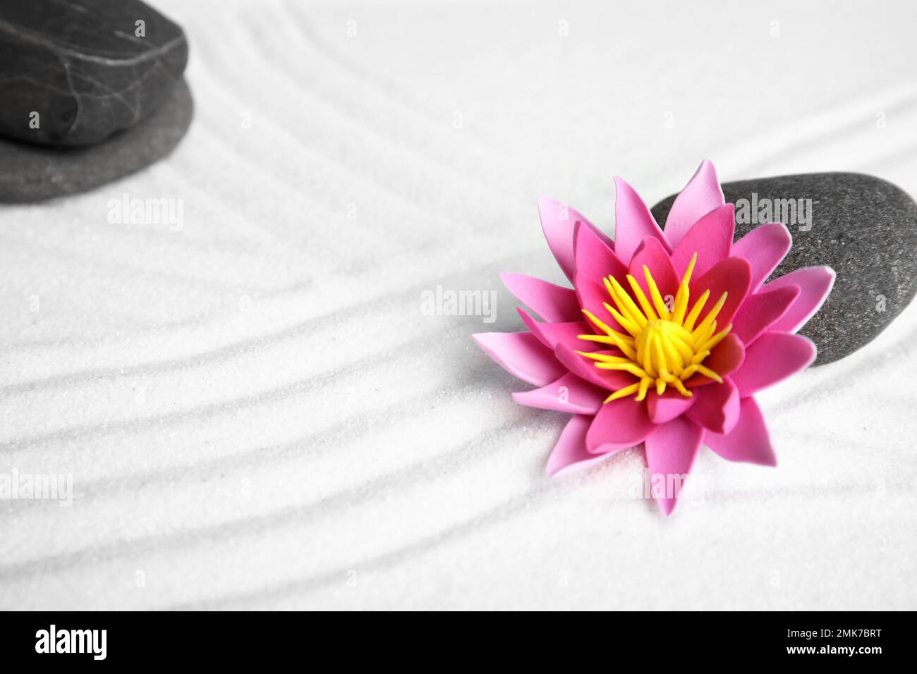 Zen garden. Beautiful lotus flower and stone on white sand Stock Photo ...