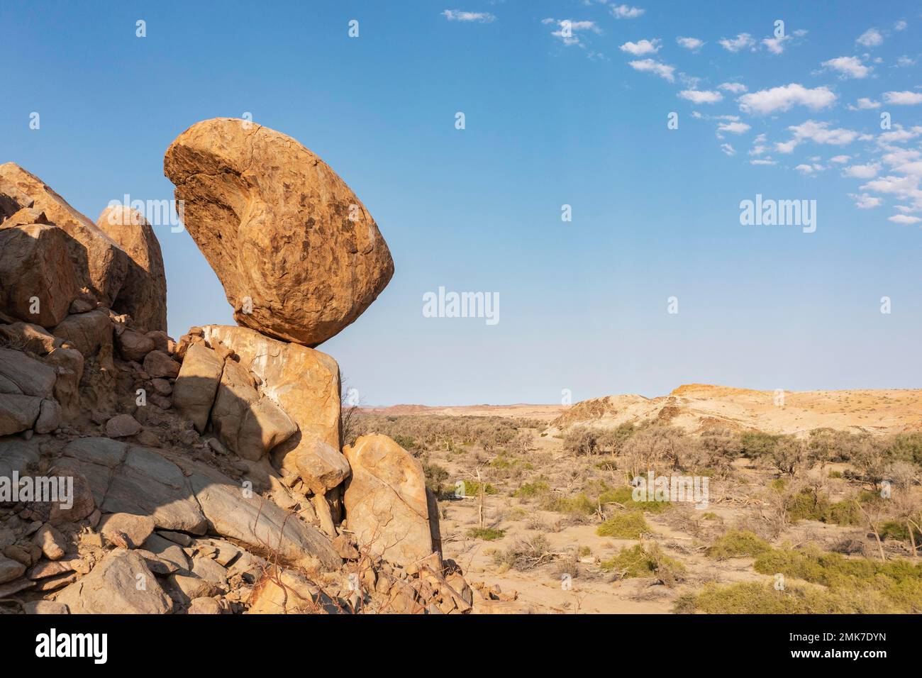 Balancing rock high above the dry bed of the Ugab river, aerial view ...