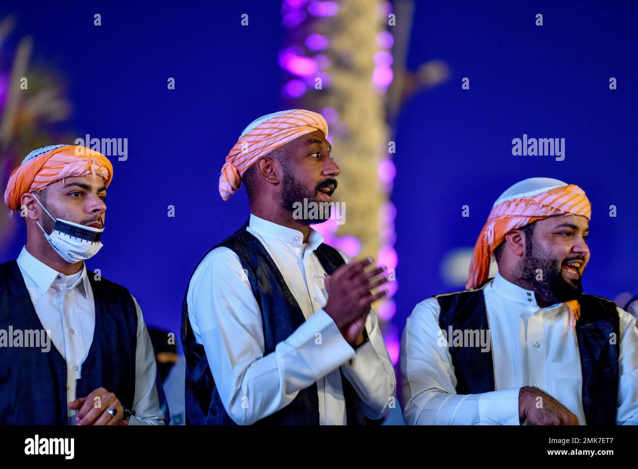 Singer of a traditional music group at a festival, Al Khobar, ash ...