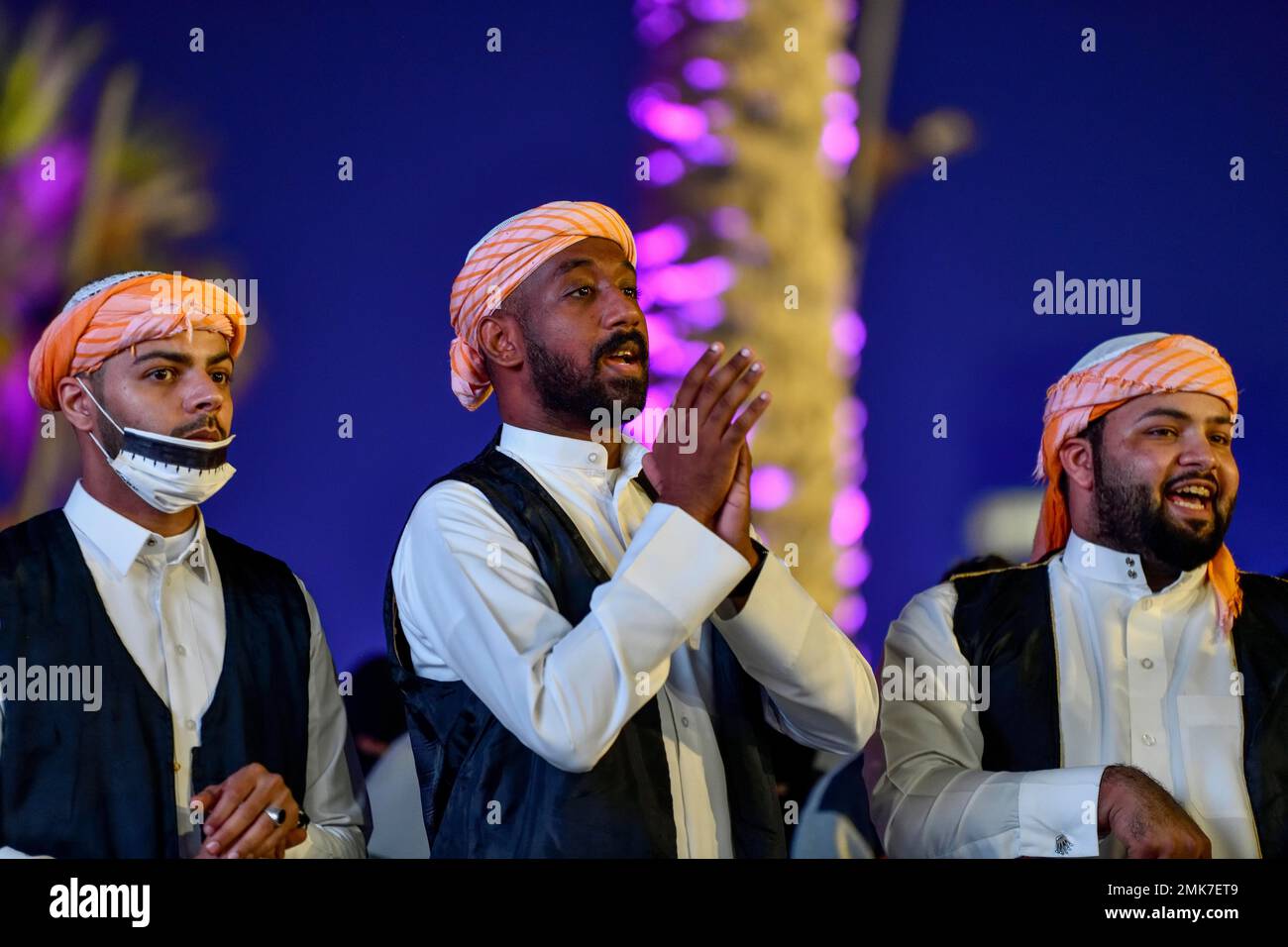 Singer of a traditional music group at a festival, Al Khobar, ash ...