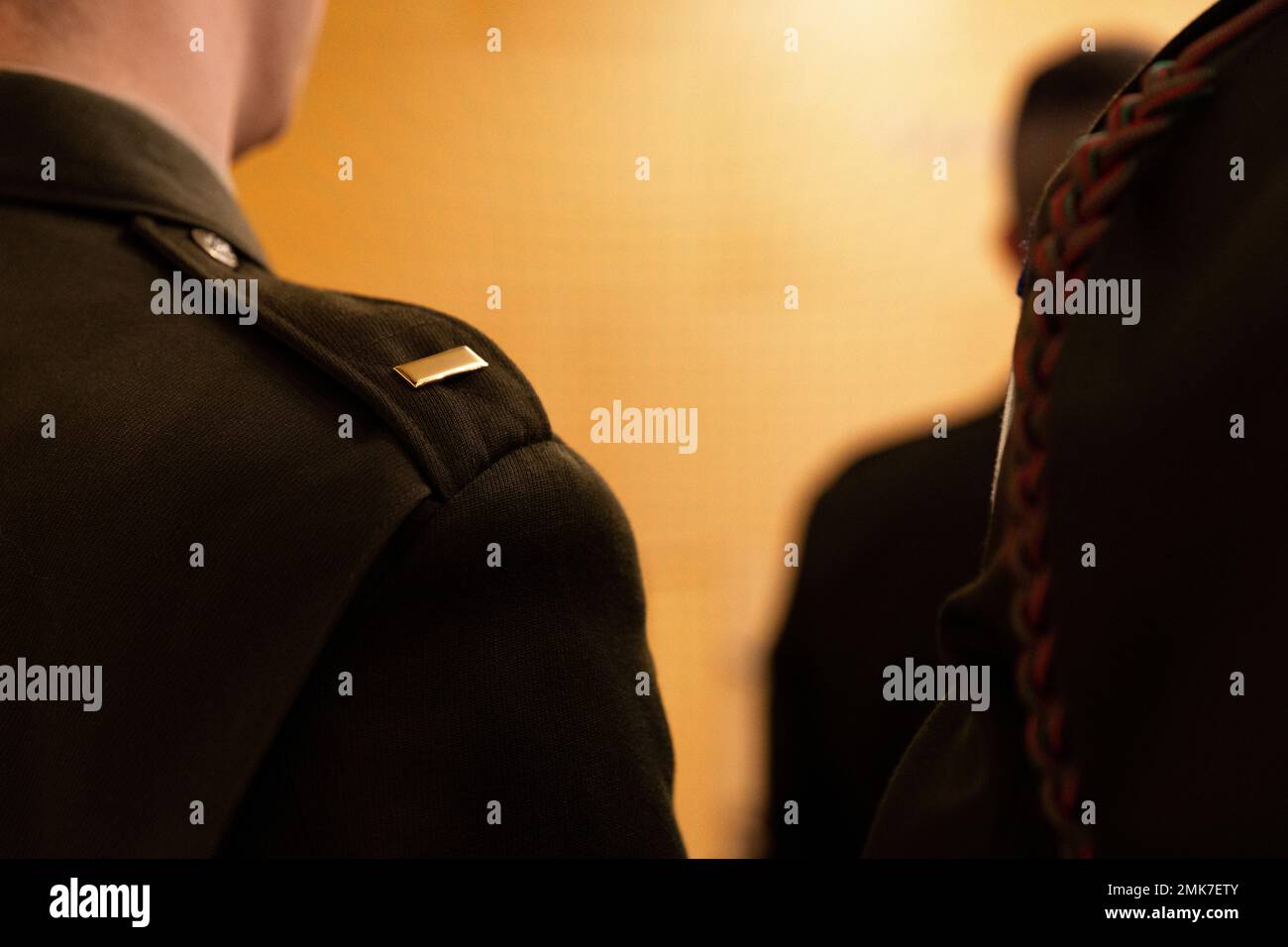 A U.S. Army 2nd Lt. rank insignia rests pinned through the shoulder ...