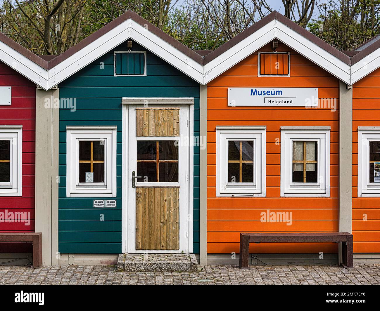 Colourful lobster stalls, sign with inscription Museum Helgoland ...