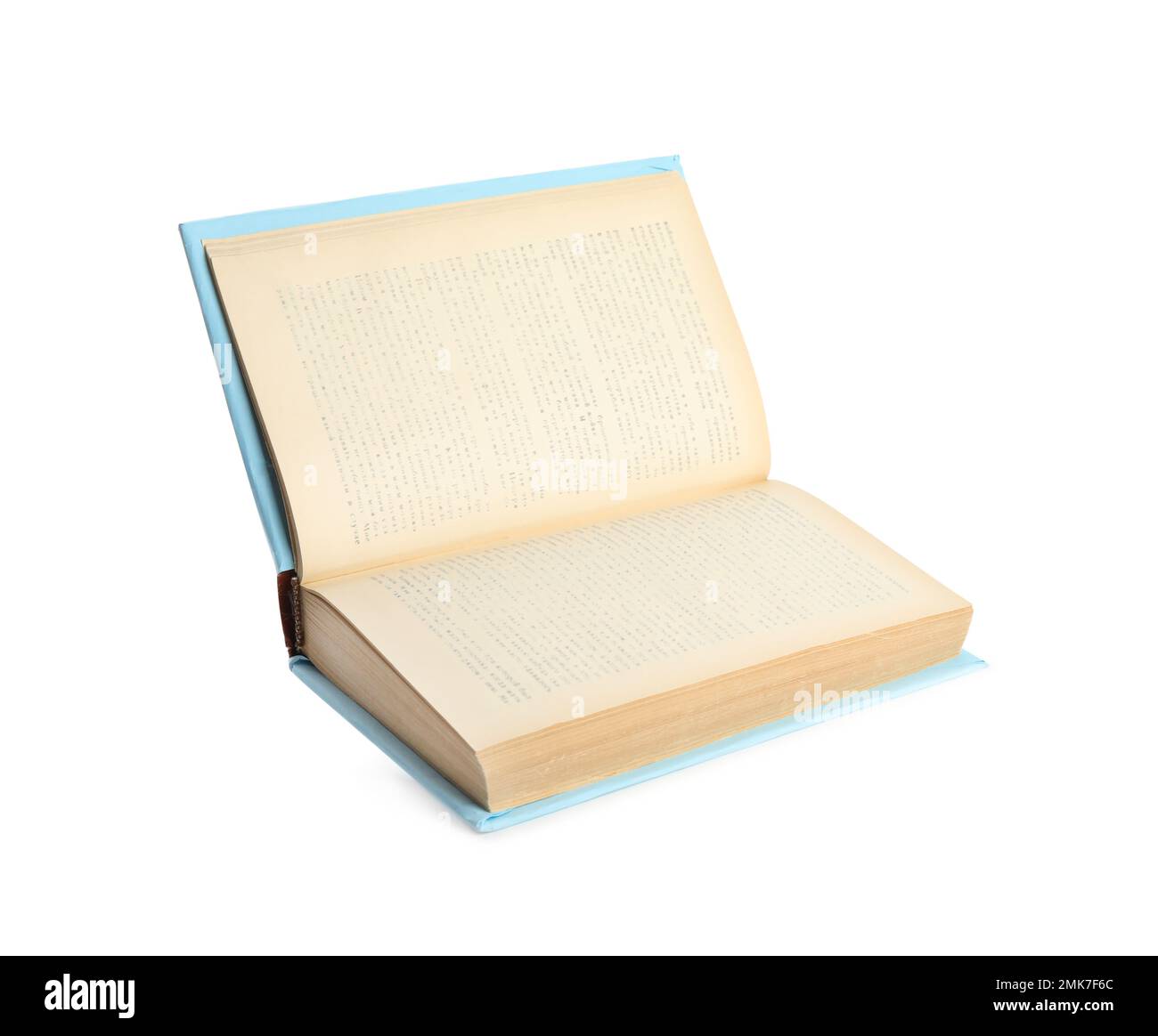 Open old book with light blue cover isolated on white Stock Photo - Alamy