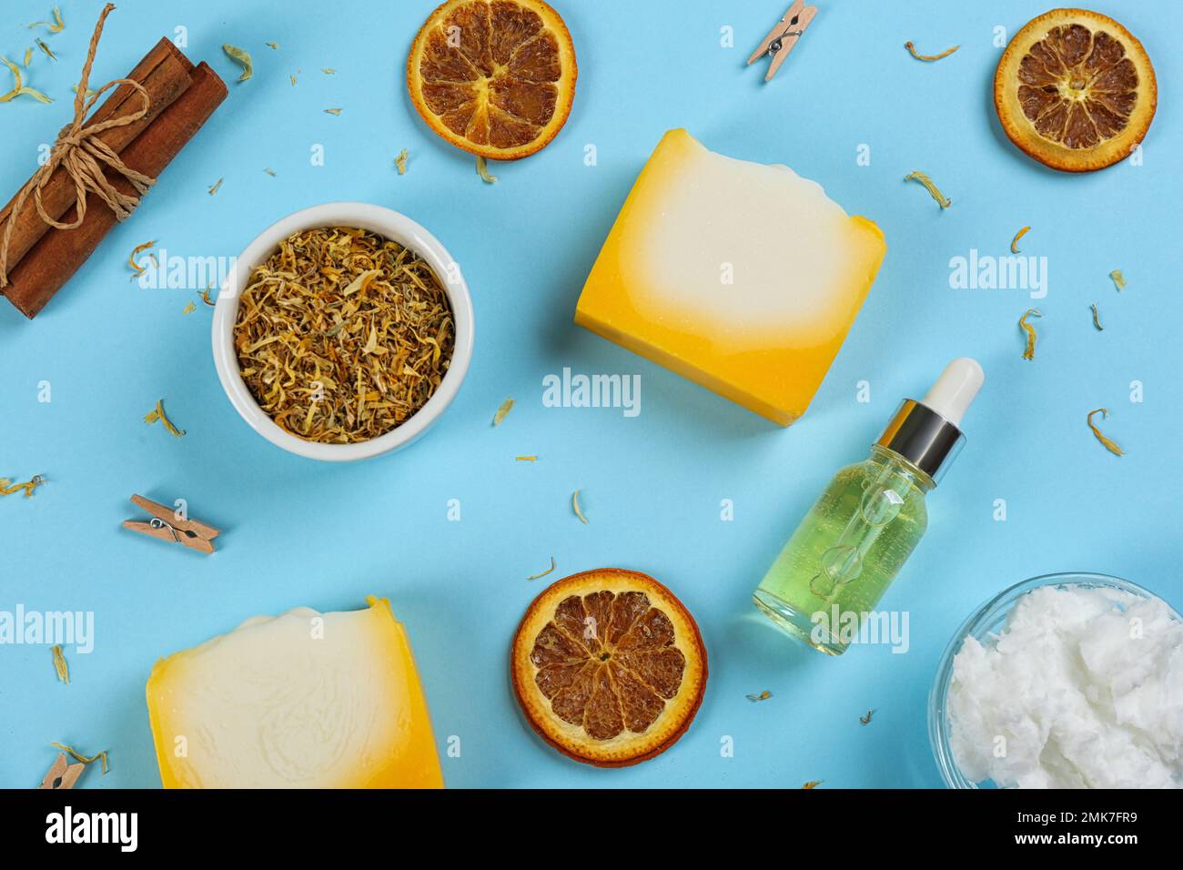 Flat lay composition with natural handmade soap and ingredients on ...