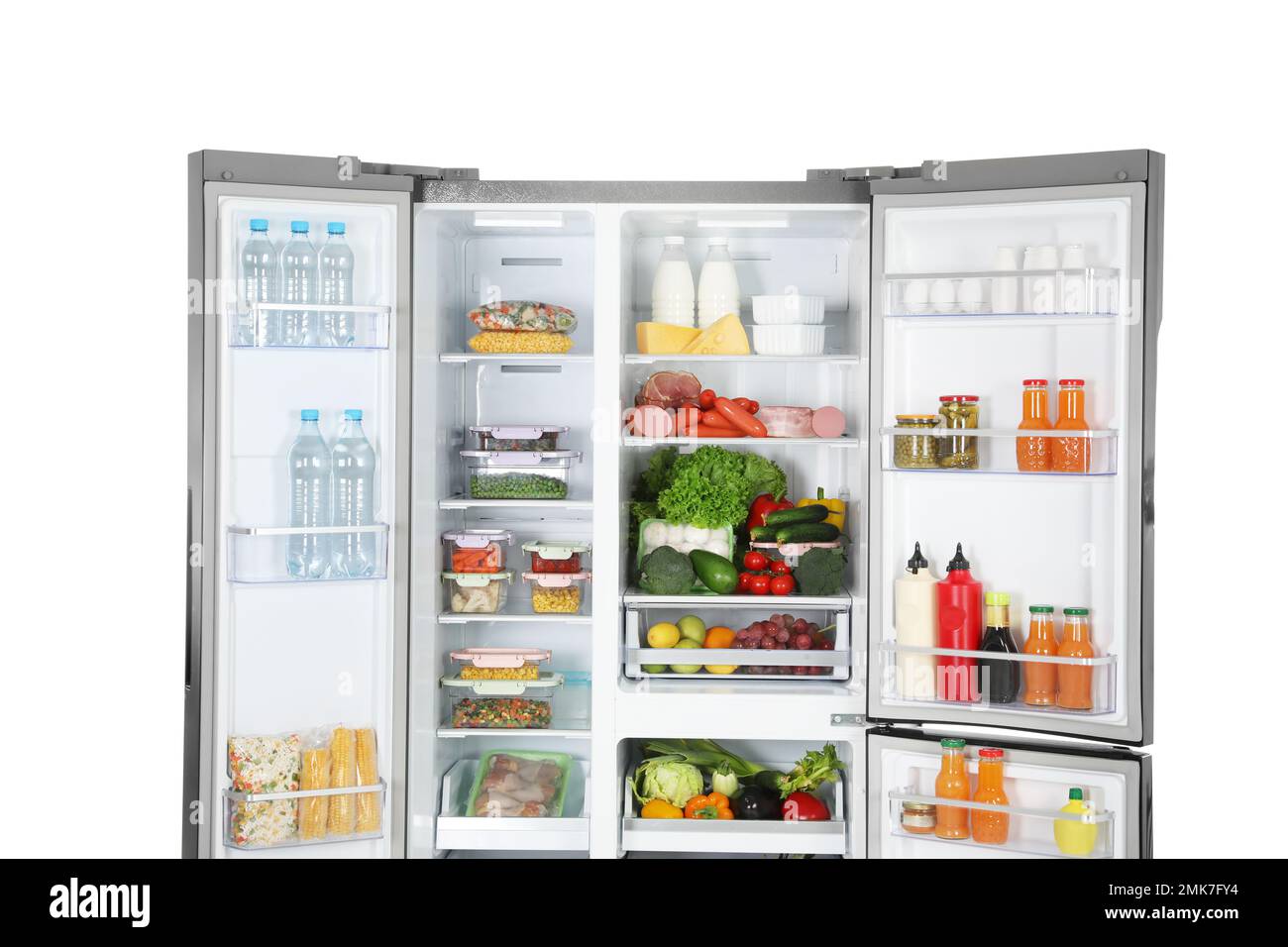 Open refrigerator full of products isolated on white Stock Photo - Alamy