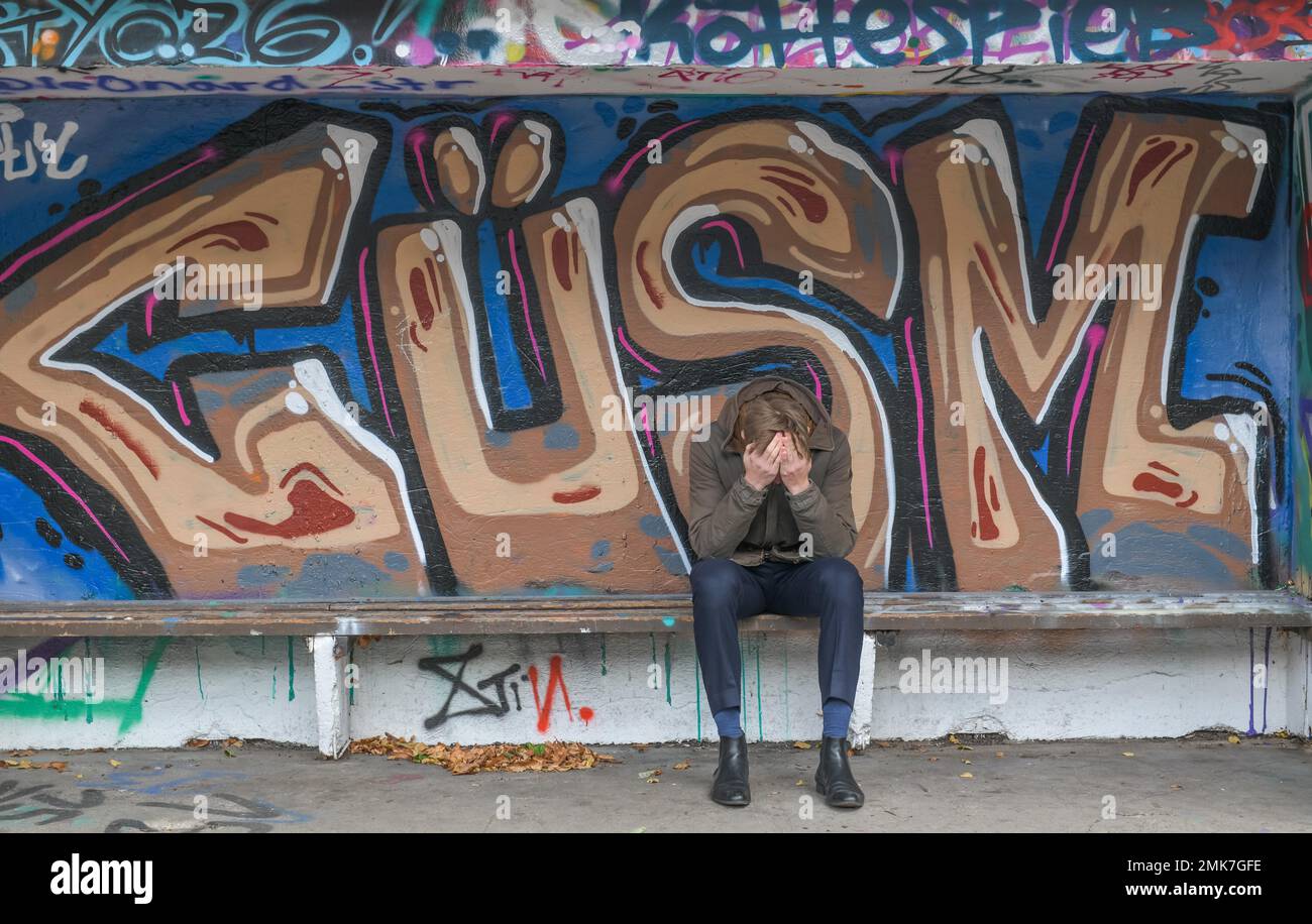 Sad man, Desperate, Graffiti, Bus stop, Neuruppin, Ostprignitz-Ruppin ...