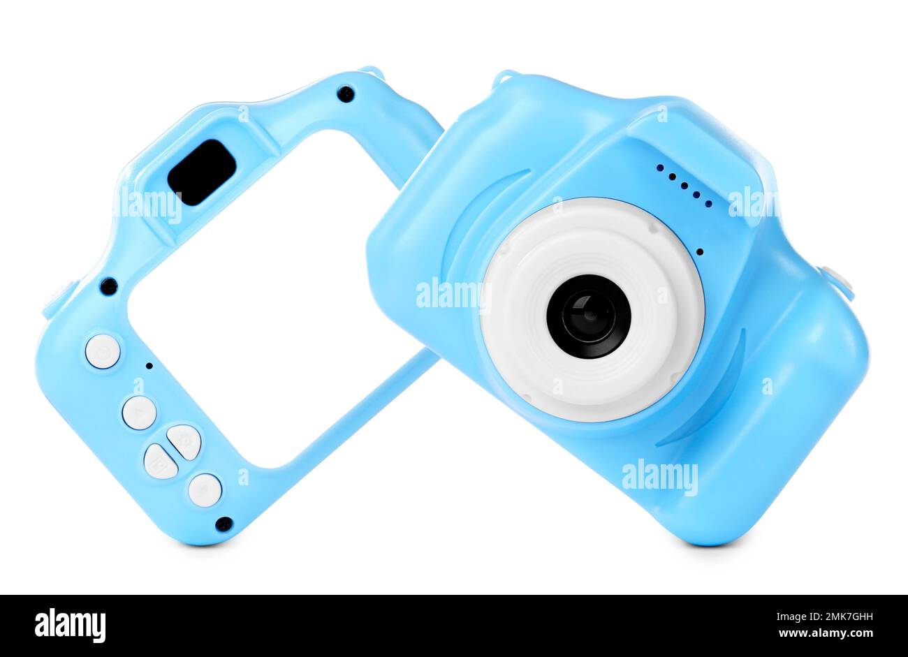 Blue toy cameras on white background in collage, one with space for ...