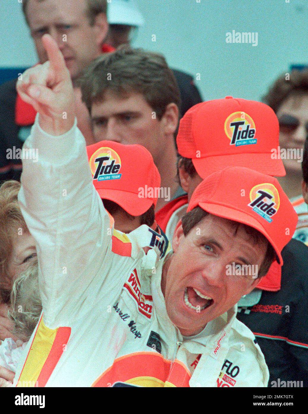 FILE - In this Feb. 19, 1989, file photo, Darrell Waltrip celebrates in ...