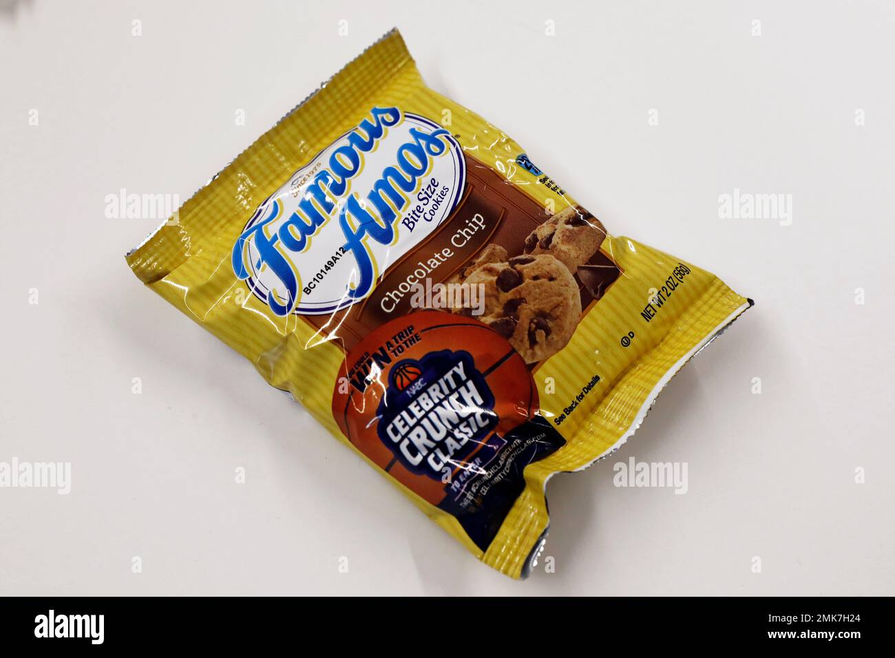 A package of bite size Famous Amos cookies is shown in a vending ...