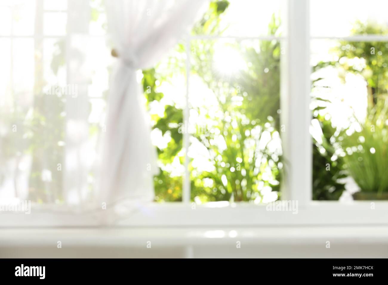 Blurred view through window on garden in morning Stock Photo - Alamy