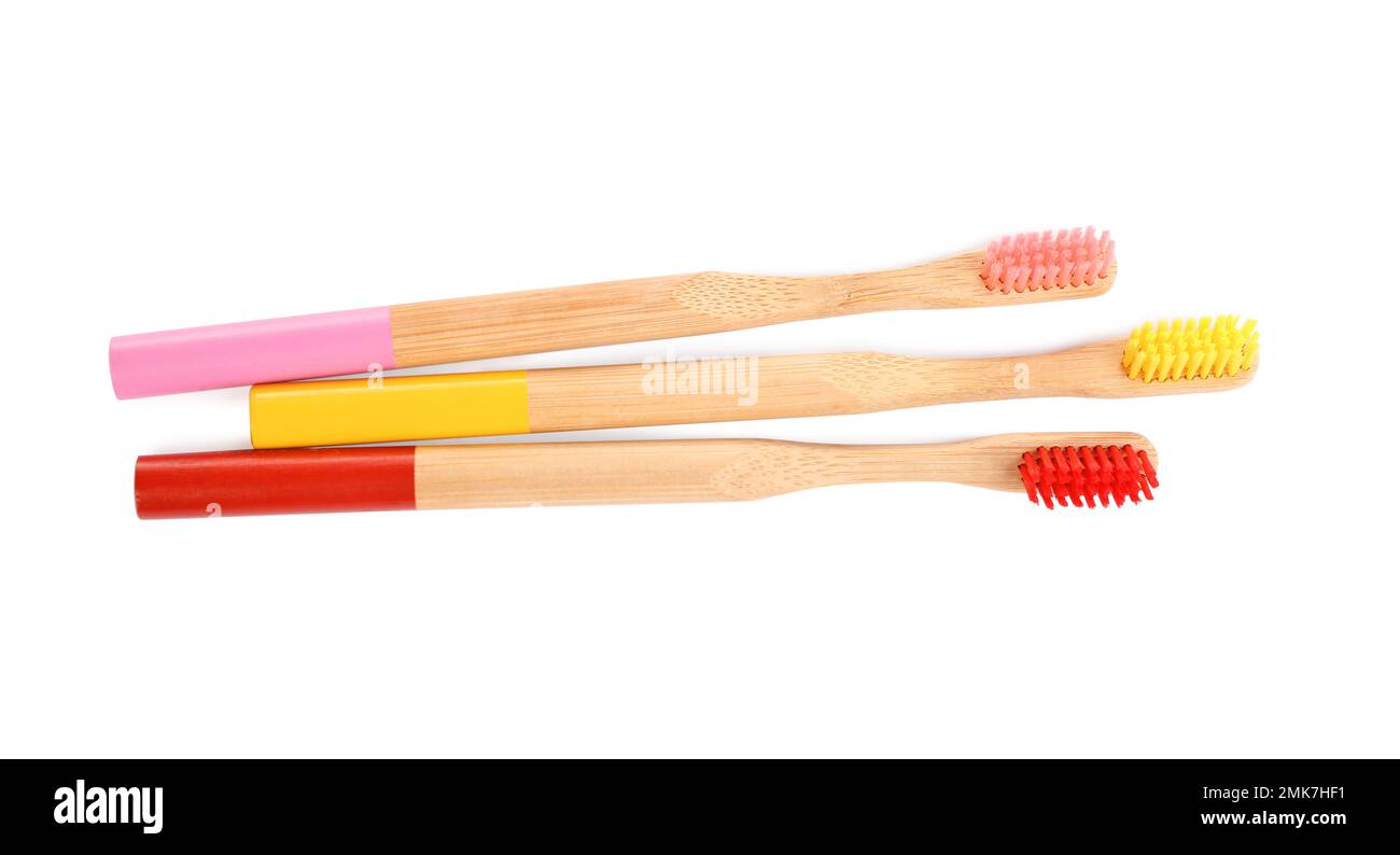 Natural toothbrushes made with bamboo isolated on white, top view Stock ...