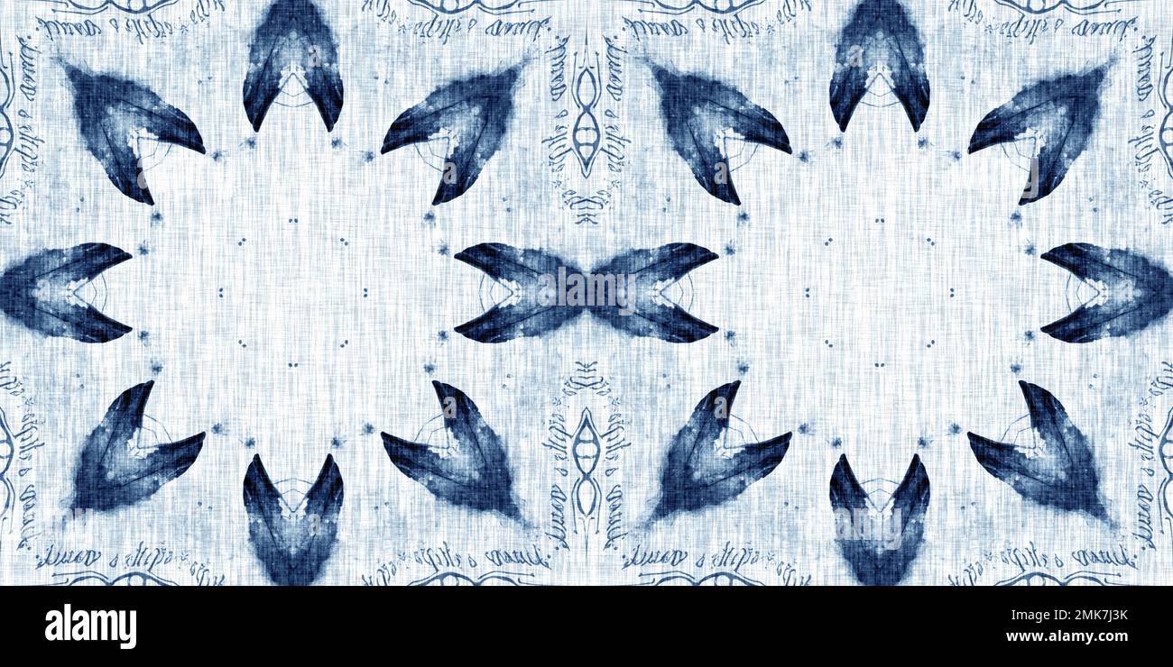 Indigo dye wash coastal damask seamless border pattern. Washed out ...