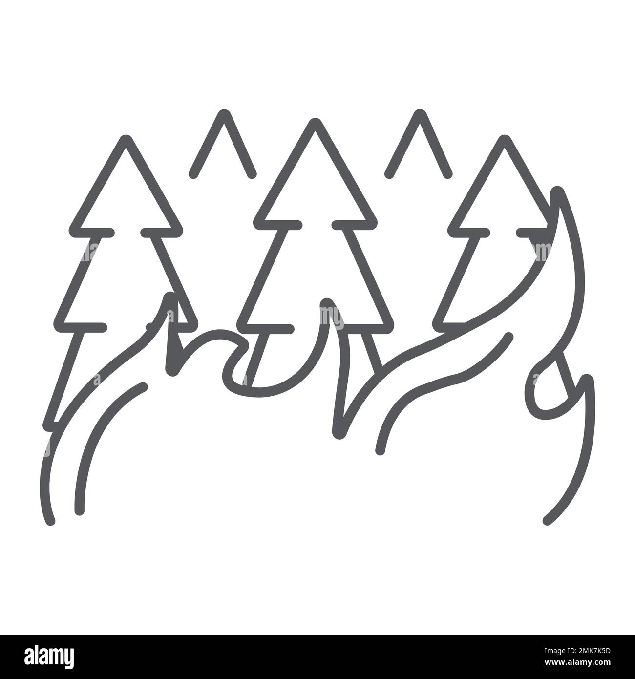 Forest on fire thin line icon, burn and disaster, burning trees sign ...
