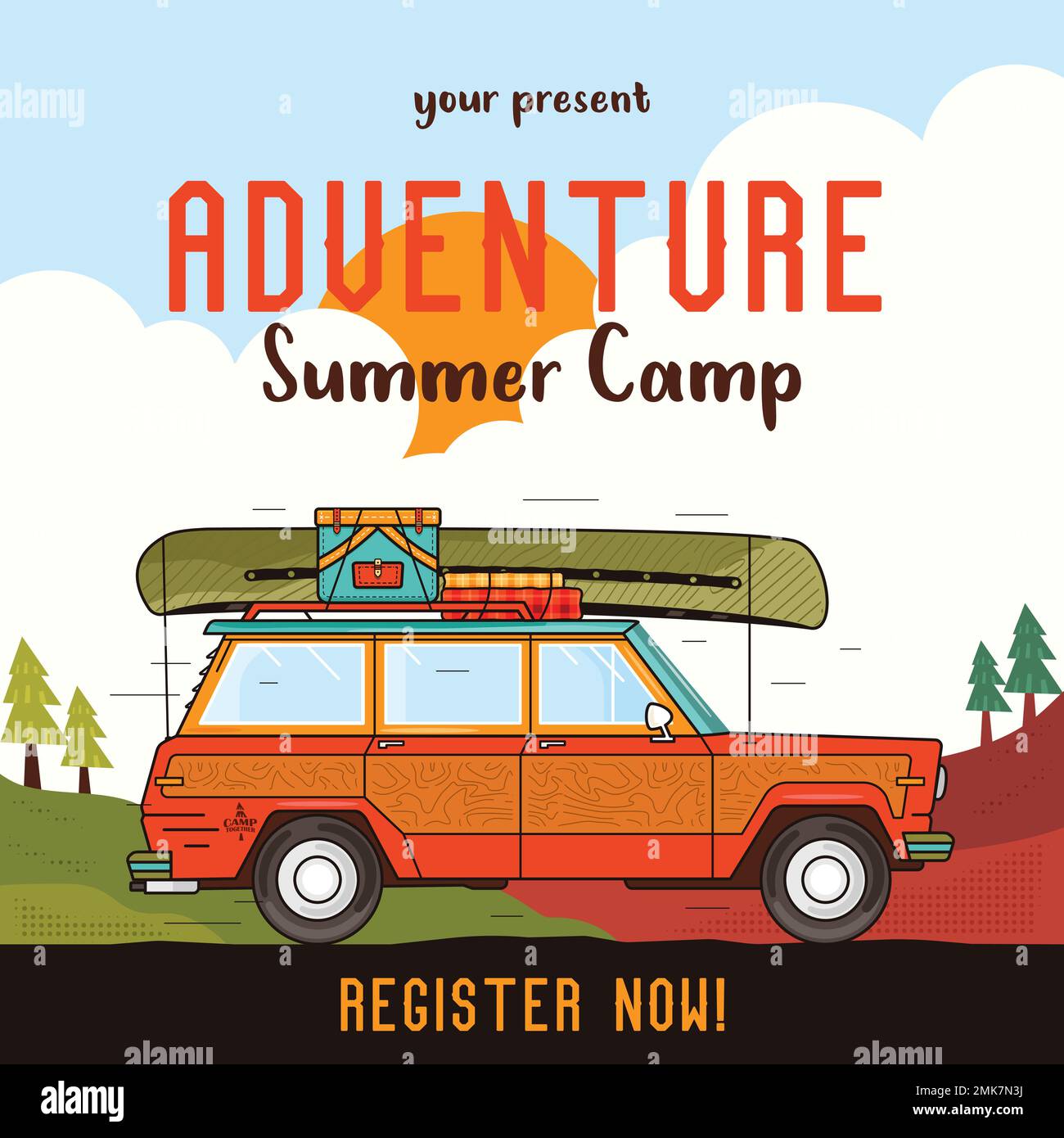 Adveture Summer Camp Social media post template with vintage camper car ...