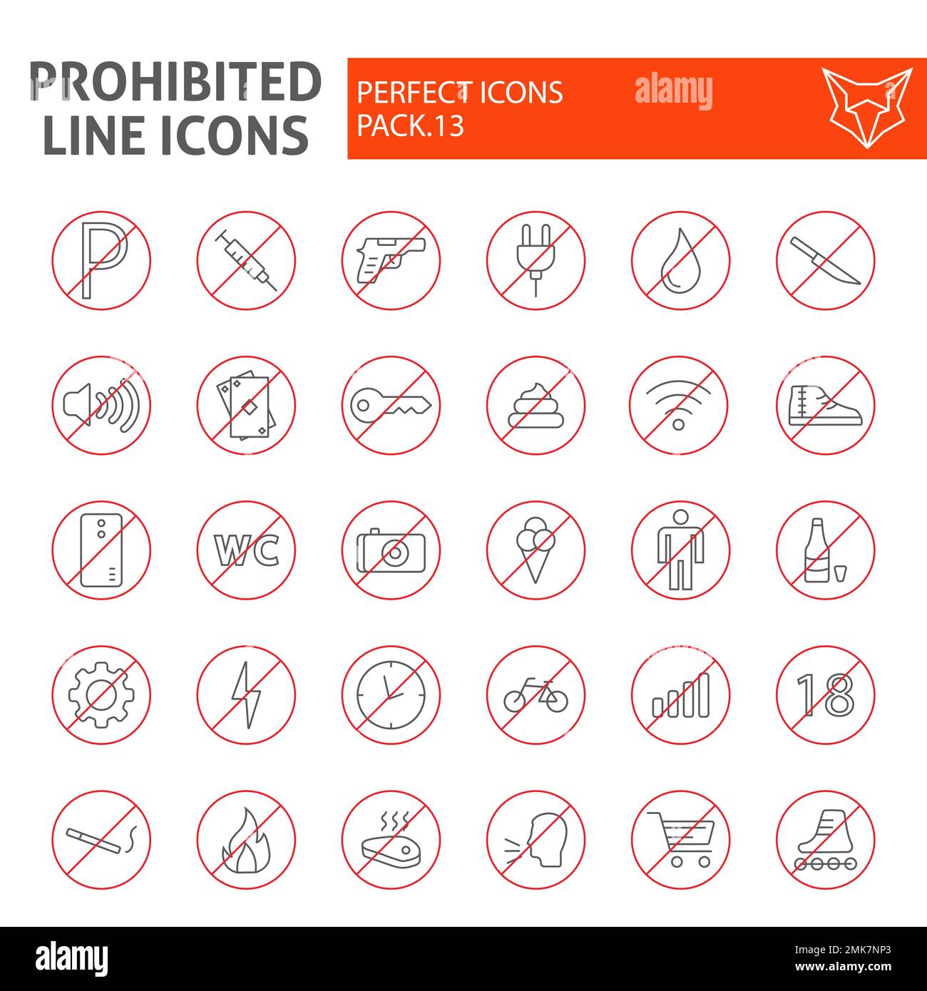 Prohibited thin line icon set, warning symbols collection, vector sketches, logo illustrations ...