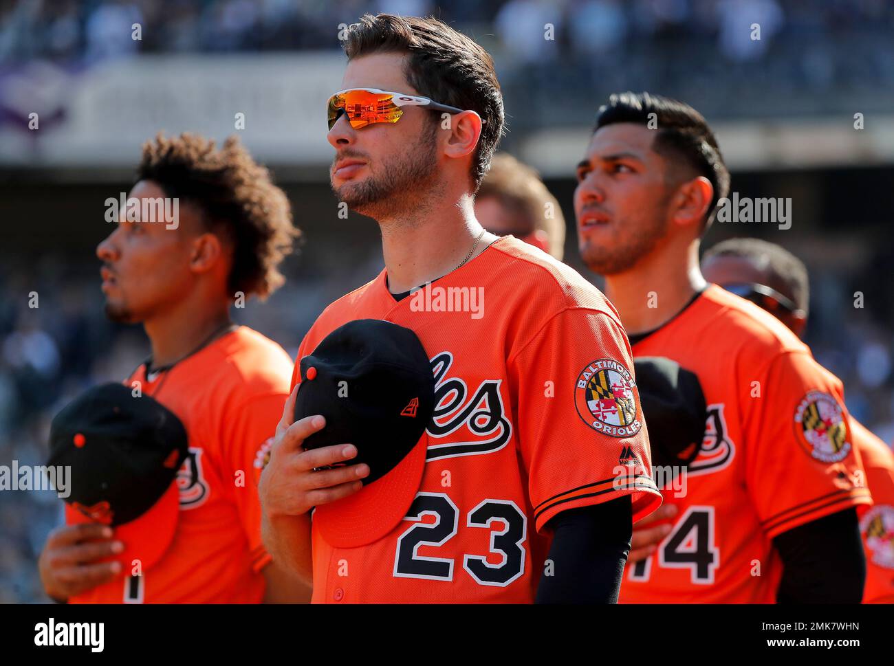 Baltimore Orioles right fielder Joey Rickard (23) stands with teammates ...