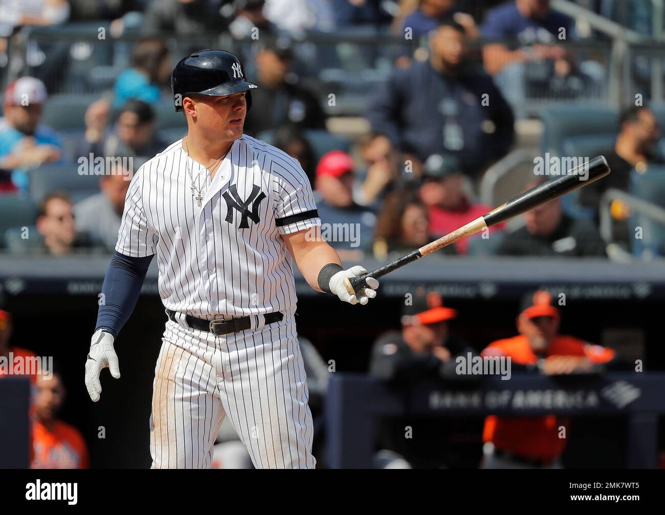 New York Yankees first baseman Luke Voit (45) steps into the batters ...
