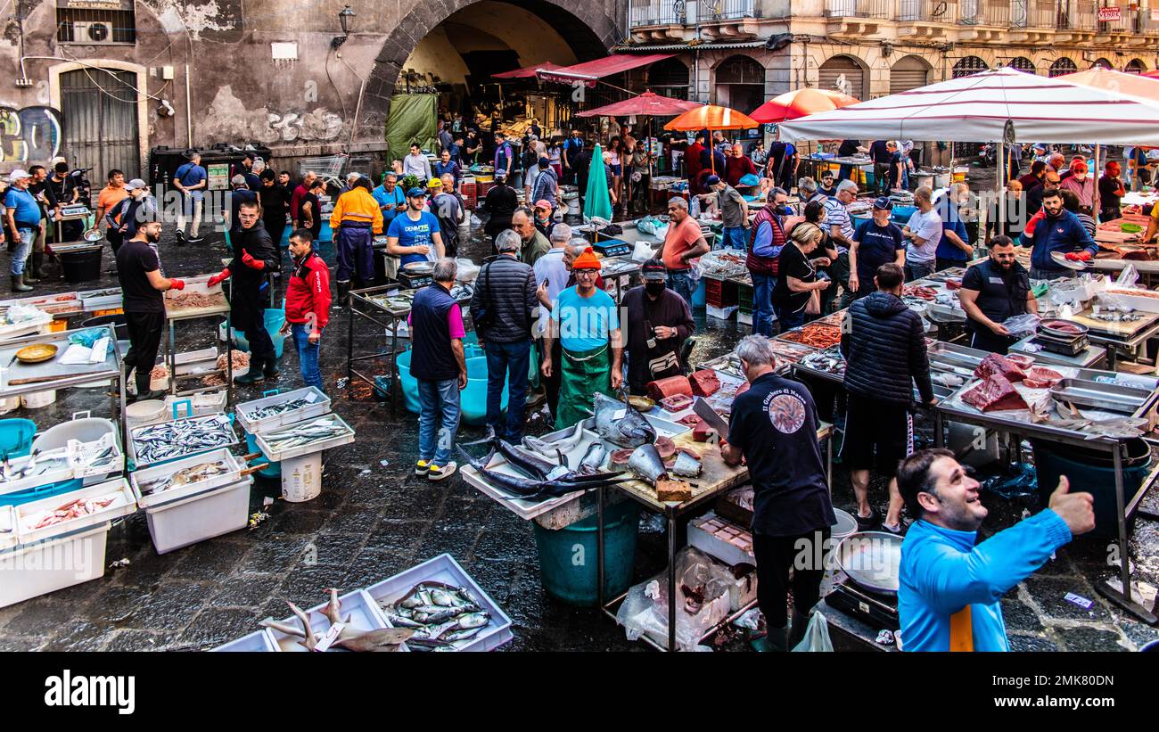 Historic fish market La pescheria with a cornucopia of colourful sea ...