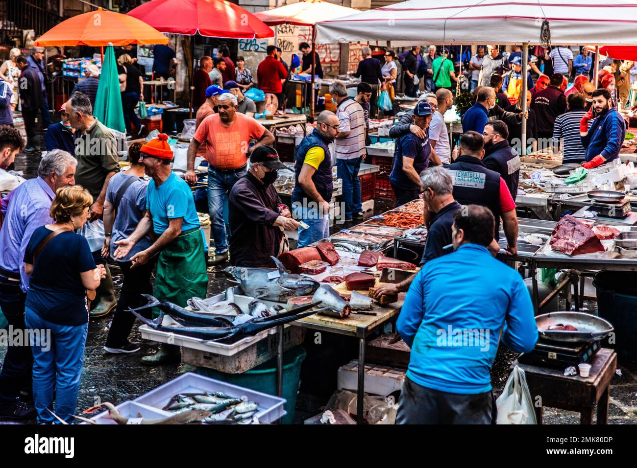Historic fish market La pescheria with a cornucopia of colourful sea ...