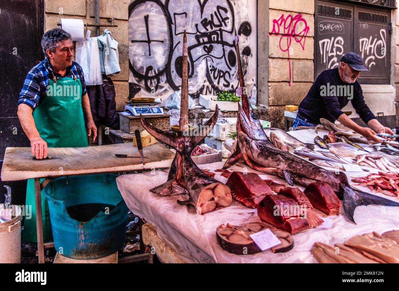 Swordfish, historic fish market La pescheria with a plethora of ...