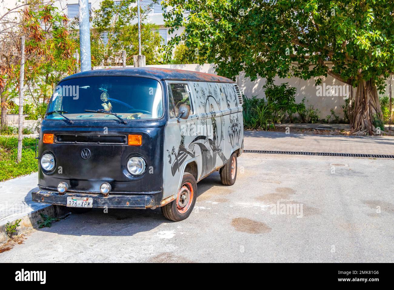 Playa del Carmen Quintana Roo Mexico 2022 Old black broken dirty VW bus ...