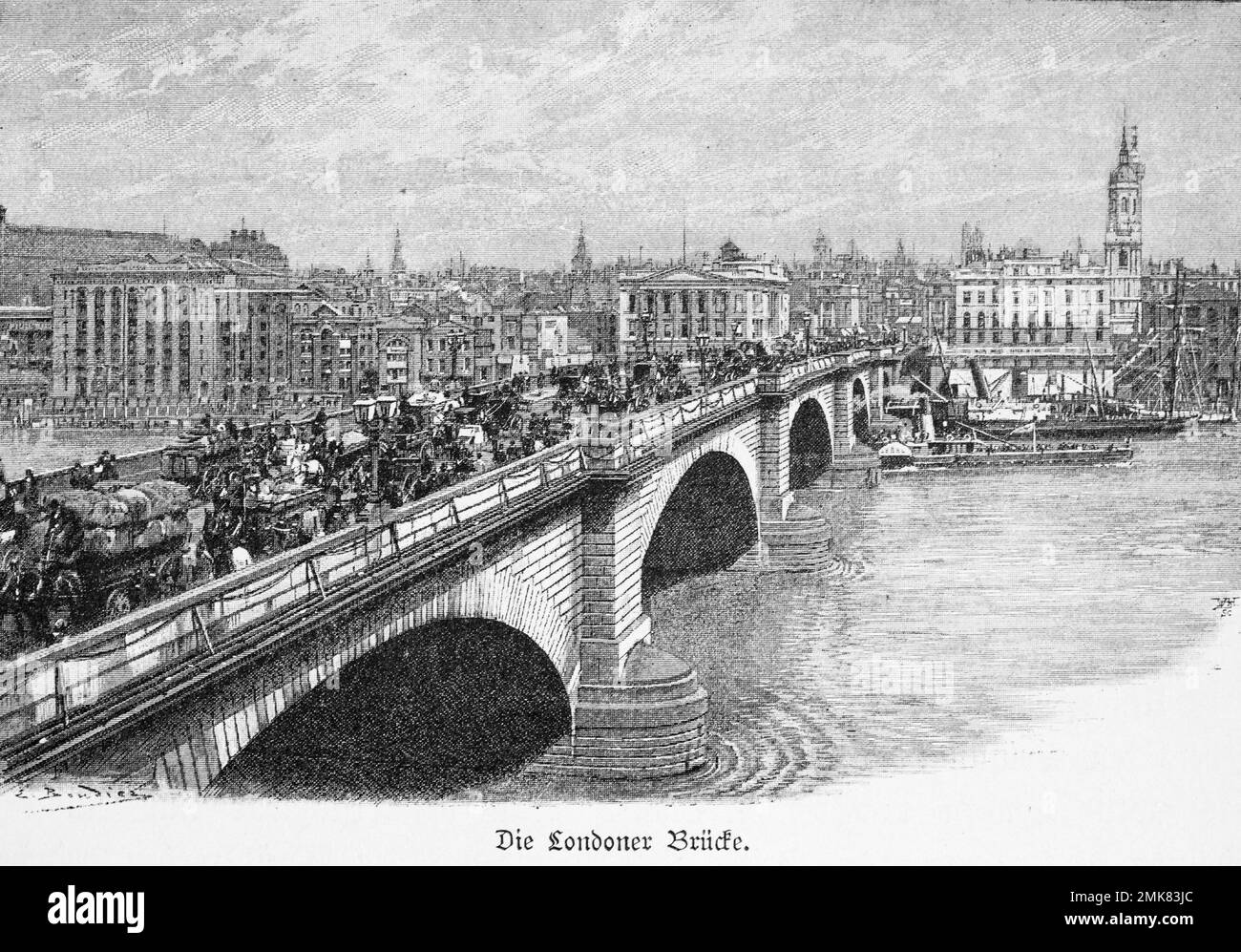 London Bridge, Thames, horse-drawn carriages, London, historical ...
