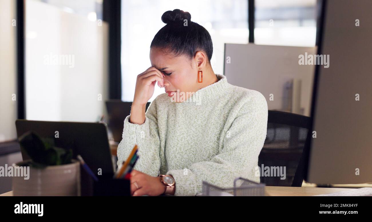 Sad, headache and business woman with burnout, email stress and tired ...