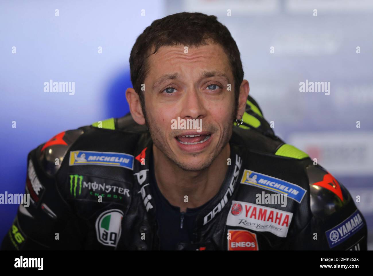 Valentino Rossi of Italy in the pit zone before a Moto GP practice run ...