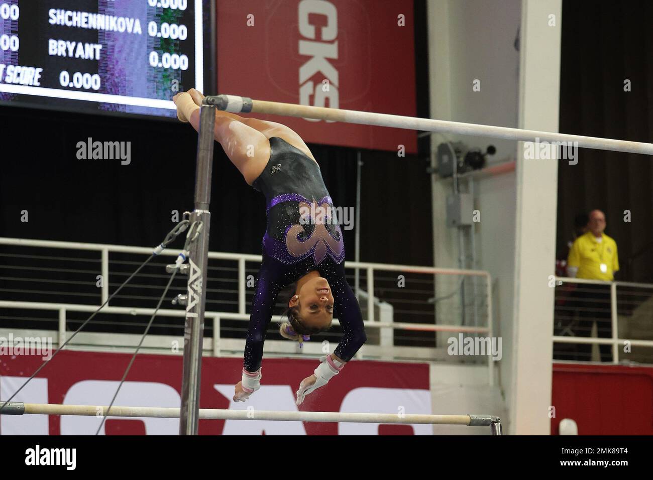 January 27, 2023: LSU gymnast Alexis Jeffrey moves from the low bar to ...