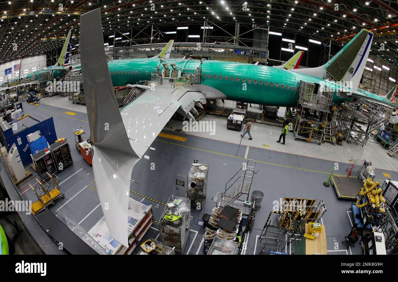 In this photo taken with a fish-eye lens, a Boeing 737 MAX 8 airplane ...